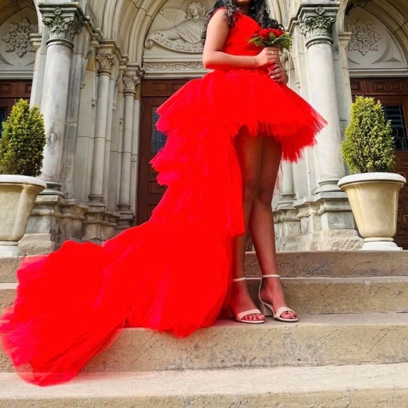 Dresses | Red Prom High Low Train Over The Top Prom Med | Poshmark